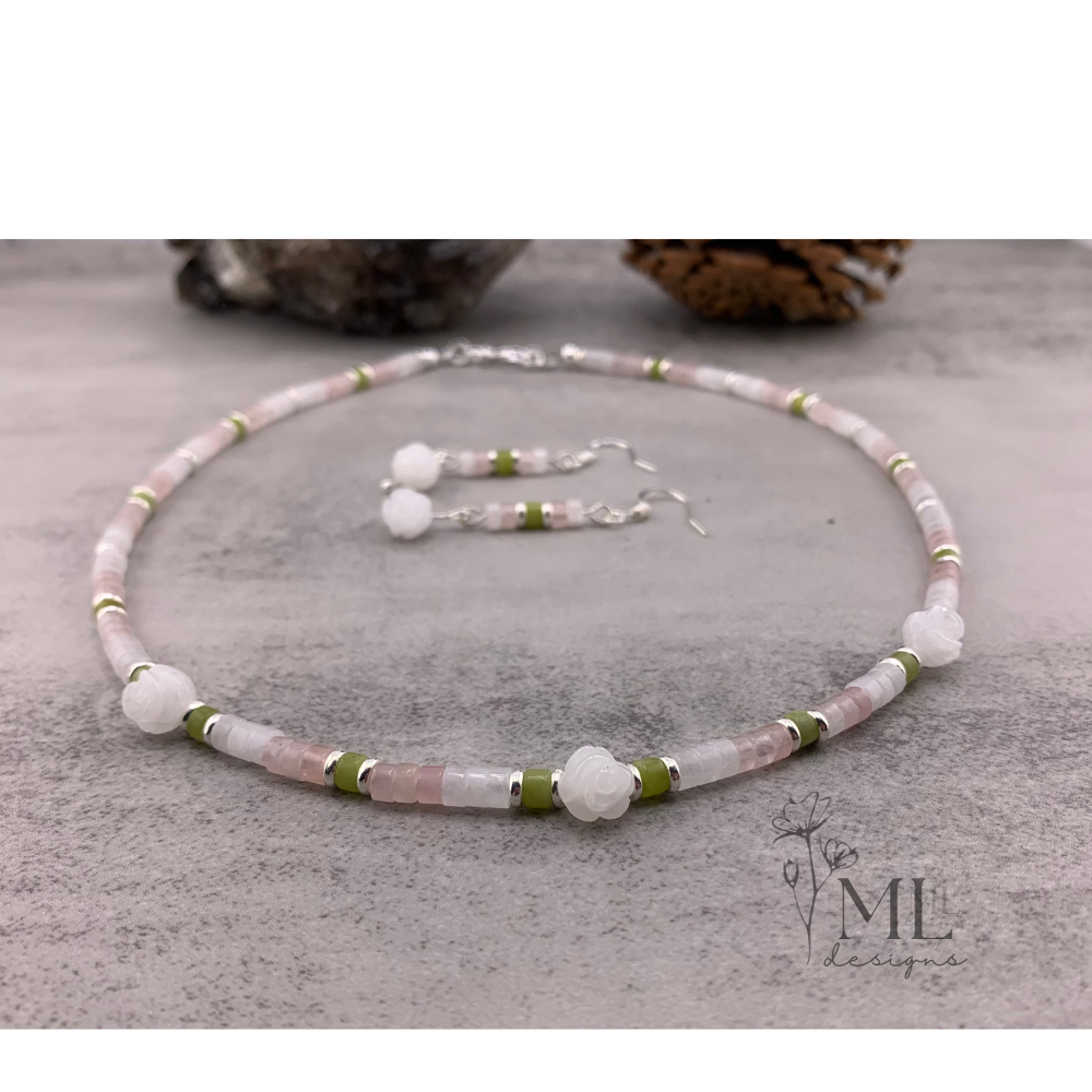 White Jade, Rose Quartz, and Green Jade Heishi Necklace and Earring Set ...
